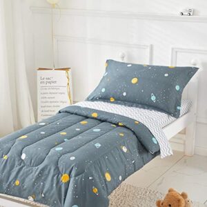 Boys Space Planet Toddler Bedding Set Gray-Green Includes Adorable Quilted Comforter, Fitted Sheet, Top Sheet, and Pillow Case for Boys Bed