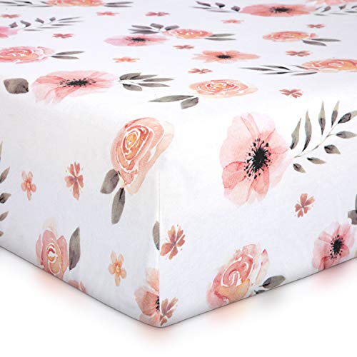 Pink Floral Girl Crib Sheet - 100% Finely Combed Cotton, Breathable, Super Soft Watercolor Rose Baby Girl Crib Sheets, 52' x 28' x 9' Fits Standard Mattress