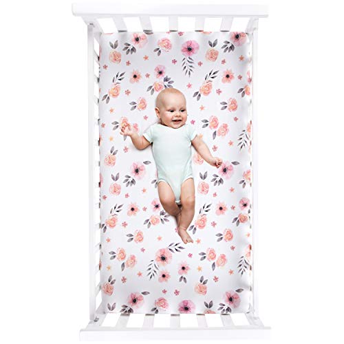 Pink Floral Girl Crib Sheet - 100% Finely Combed Cotton, Breathable, Super Soft Watercolor Rose Baby Girl Crib Sheets, 52' x 28' x 9' Fits Standard Mattress