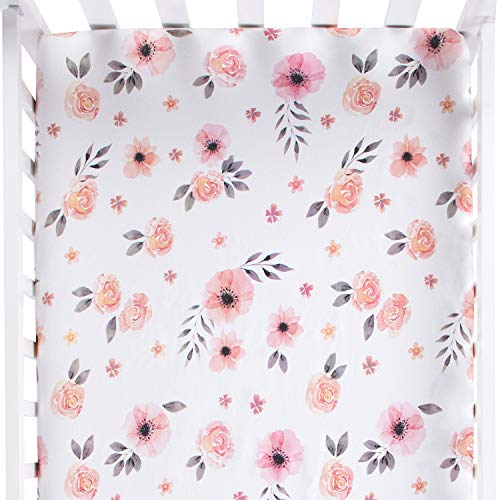 Pink Floral Girl Crib Sheet - 100% Finely Combed Cotton, Breathable, Super Soft Watercolor Rose Baby Girl Crib Sheets, 52' x 28' x 9' Fits Standard Mattress