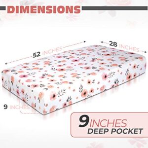 Pink Floral Girl Crib Sheet - 100% Finely Combed Cotton, Breathable, Super Soft Watercolor Rose Baby Girl Crib Sheets, 52' x 28' x 9' Fits Standard Mattress