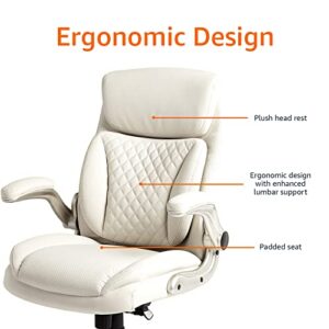 AmazonCommercial Ergonomic Executive Office Desk Chair with Flip-up Armrests and Adjustable Height, Tilt and Lumbar Support, Cream Bonded Leather, 29.5"D x 28"W x 43"H