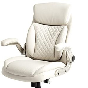 AmazonCommercial Ergonomic Executive Office Desk Chair with Flip-up Armrests and Adjustable Height, Tilt and Lumbar Support, Cream Bonded Leather, 29.5"D x 28"W x 43"H