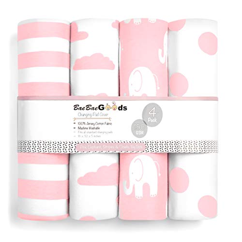 Premium Baby 4 Pack Girl Pure Jersey Machine Washable Pink and White Changing Table Cover – Diaper Changing Pad Cover Sheets