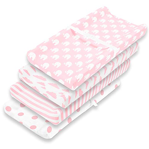 Premium Baby 4 Pack Girl Pure Jersey Machine Washable Pink and White Changing Table Cover – Diaper Changing Pad Cover Sheets