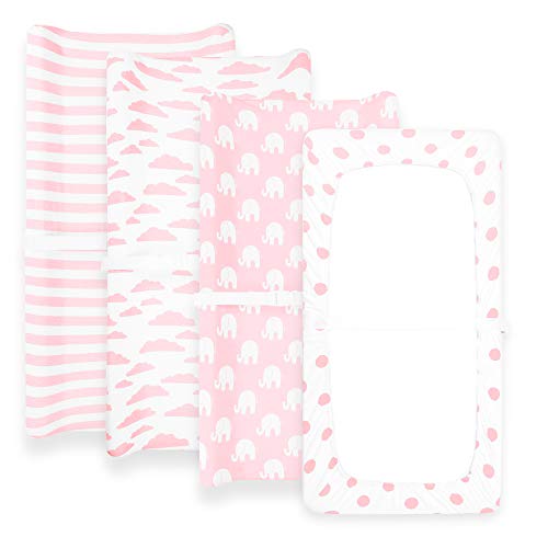 Premium Baby 4 Pack Girl Pure Jersey Machine Washable Pink and White Changing Table Cover – Diaper Changing Pad Cover Sheets