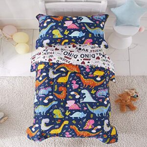 joyreap 4 piece toddler bedding set, standard size colorful dinosaur printed on navy, includes quilted comforter, fitted sheet, top sheet, and pillow case for boys n girls