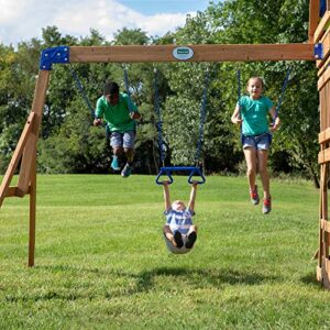 Backyard Discovery Beach Front All Cedar Wooden Swing Set, Large Upper Deck with Canopy, Ships Wheel, Play Telescope, Sandbox, Snack Bench, Rock Wall