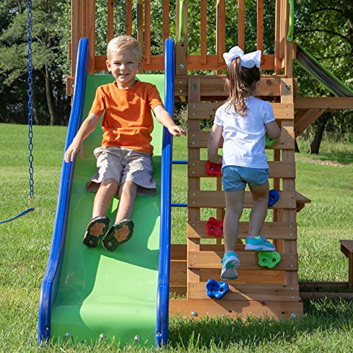 Backyard Discovery Beach Front All Cedar Wooden Swing Set, Large Upper Deck with Canopy, Ships Wheel, Play Telescope, Sandbox, Snack Bench, Rock Wall