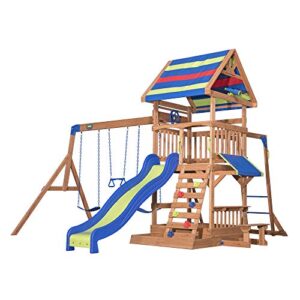 Backyard Discovery Beach Front All Cedar Wooden Swing Set, Large Upper Deck with Canopy, Ships Wheel, Play Telescope, Sandbox, Snack Bench, Rock Wall