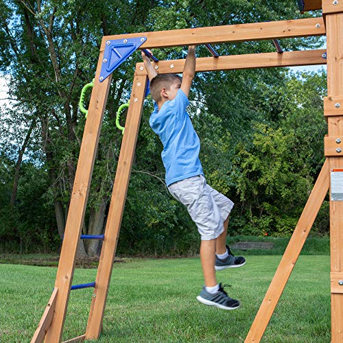 Backyard Discovery Beach Front All Cedar Wooden Swing Set, Large Upper Deck with Canopy, Ships Wheel, Play Telescope, Sandbox, Snack Bench, Rock Wall