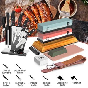 Knife Sharpening Stone Kit, AASELM Professional Whetstone Sharpener Set, 2 in 1 Grit 400/1000 3000/8000, Bamboo Base, Flattening Stone, Polishing Compound, Leather Honing Strop and Leather Razor Strop