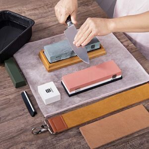 Knife Sharpening Stone Kit, AASELM Professional Whetstone Sharpener Set, 2 in 1 Grit 400/1000 3000/8000, Bamboo Base, Flattening Stone, Polishing Compound, Leather Honing Strop and Leather Razor Strop