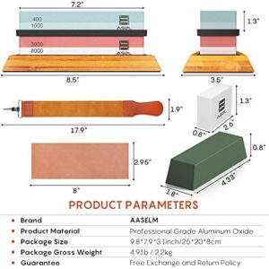 Knife Sharpening Stone Kit, AASELM Professional Whetstone Sharpener Set, 2 in 1 Grit 400/1000 3000/8000, Bamboo Base, Flattening Stone, Polishing Compound, Leather Honing Strop and Leather Razor Strop