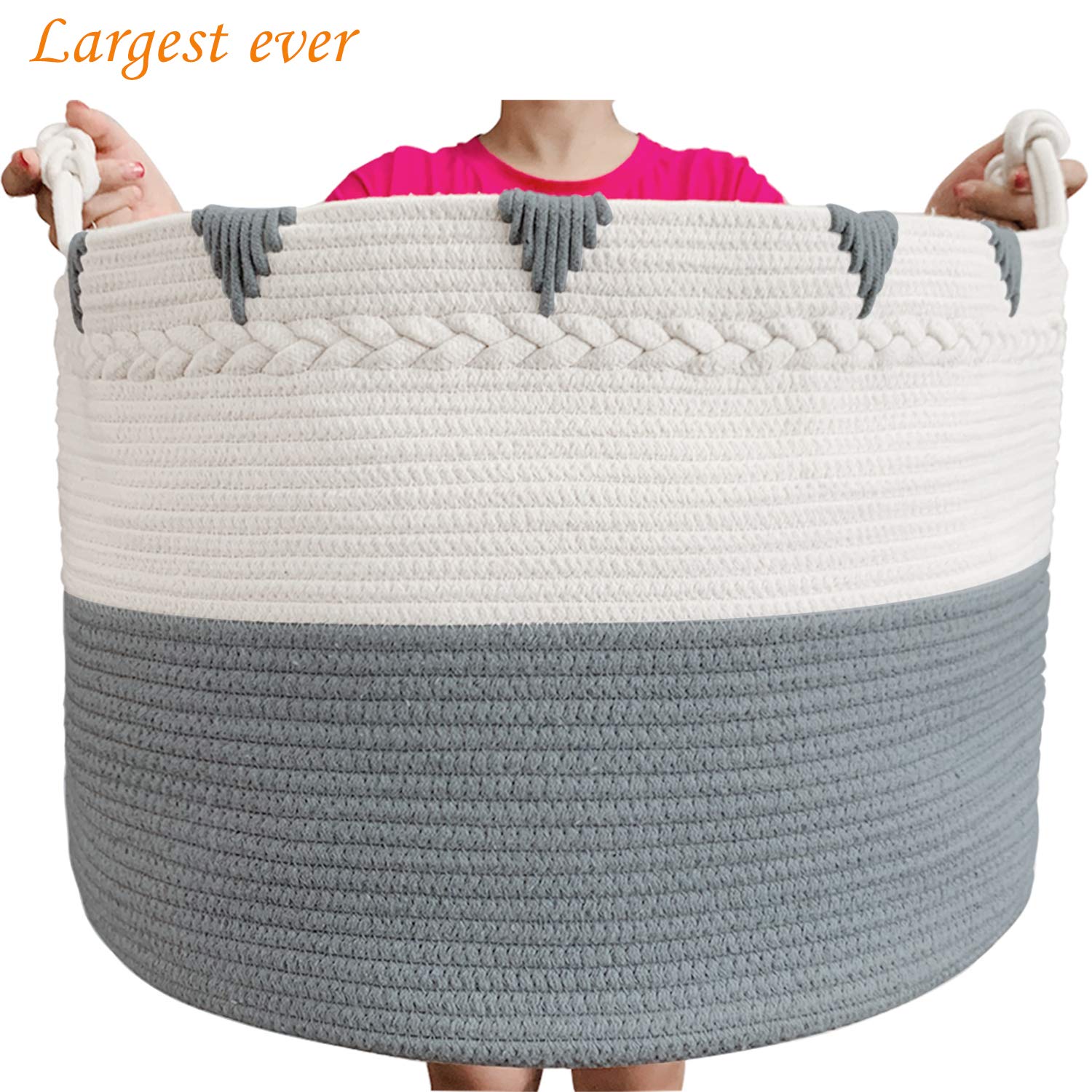 TerriTrophy XXXXLarge Cotton Rope Blanket Basket 22in x 22in x 16in Woven Laundry Hamper Laundry Baskets Storage Basket for Towel, Toys, Diaper, Laundry Basket