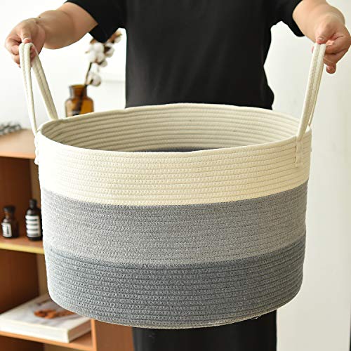 XXXLarge Cotton Rope Basket 21" x 12.9" Baby Laundry Basket for Blankets Toys Blanket Storage Basket Decorative Floor Basket Cushions Storage Bins Thread Laundry Hamper with Long Handle