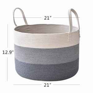 XXXLarge Cotton Rope Basket 21" x 12.9" Baby Laundry Basket for Blankets Toys Blanket Storage Basket Decorative Floor Basket Cushions Storage Bins Thread Laundry Hamper with Long Handle