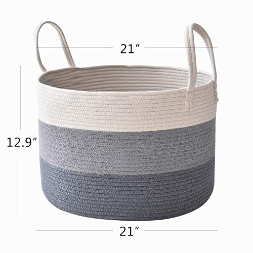 XXXLarge Cotton Rope Basket 21" x 12.9" Baby Laundry Basket for Blankets Toys Blanket Storage Basket Decorative Floor Basket Cushions Storage Bins Thread Laundry Hamper with Long Handle