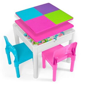 play platoon 5 in 1 kids sensory activity table and chair set- toddler table and chairs with water table, building block table, craft & sensory table for toddlers with 2 chairs & 25 xl blocks