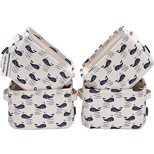 Sea Team Collapsible Square Mini Size Canvas Fabric Storage Bins Shelf Baskets Organizers for Nursery Kids Room, Set of 4 (Whale)