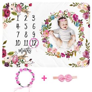 baby monthly milestone blanket girl - large 60''x40'' floral plush fleece photography background prop newborn soft wrinkle-free flower blanket bonus wreath headband