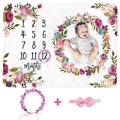 Baby Monthly Milestone Blanket Girl - Large 60''x40'' Floral Plush Fleece Photography Background Prop Newborn Soft Wrinkle-Free Flower Blanket Bonus Wreath Headband