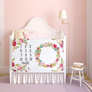 Baby Monthly Milestone Blanket Girl - Large 60''x40'' Floral Plush Fleece Photography Background Prop Newborn Soft Wrinkle-Free Flower Blanket Bonus Wreath Headband