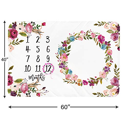 Baby Monthly Milestone Blanket Girl - Large 60''x40'' Floral Plush Fleece Photography Background Prop Newborn Soft Wrinkle-Free Flower Blanket Bonus Wreath Headband