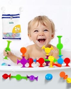 bunmo suction bath toys 24pcs | connect, build, create | no mold bath toy | hours of fun & creativity | stimulating & addictive sensory suction toy | no hole bath toy | mold free bath toys