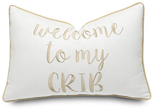 Rudransha Welcome to My Crib Embroidered Lumbar Accent Throw Pillow Cover - Nursery Decor - 12x18, Ivory-Beige