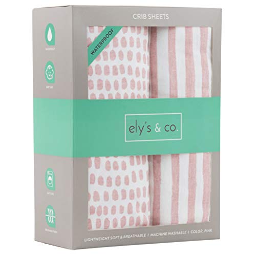 Ely's & Co. Patent Pending Waterproof Crib Sheet | Toddler Sheet no Need for Crib Mattress Pad Cover or Protector I Mauve Pink Splash and Stripes