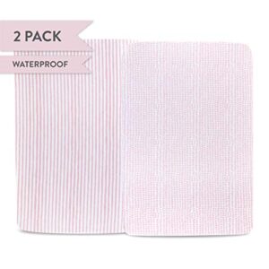 Ely's & Co. Patent Pending Waterproof Crib Sheet | Toddler Sheet no Need for Crib Mattress Pad Cover or Protector I Mauve Pink Splash and Stripes