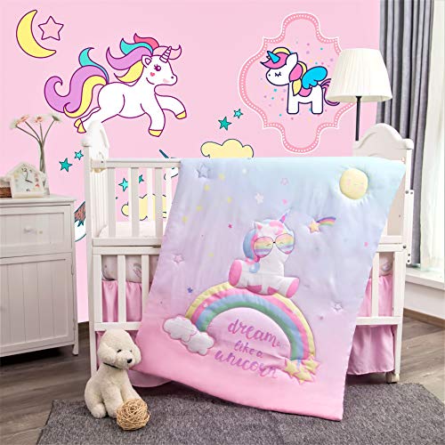 La Premura Unicorn Baby Nursery Crib Bedding Set for Girls – Baby Unicorn & Rainbows 3 Piece Standard Size Crib Bedding Sets in Pink, Yellow & Green