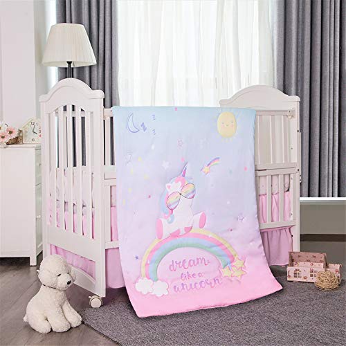 La Premura Unicorn Baby Nursery Crib Bedding Set for Girls – Baby Unicorn & Rainbows 3 Piece Standard Size Crib Bedding Sets in Pink, Yellow & Green