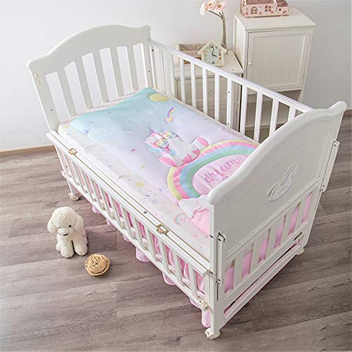 La Premura Unicorn Baby Nursery Crib Bedding Set for Girls – Baby Unicorn & Rainbows 3 Piece Standard Size Crib Bedding Sets in Pink, Yellow & Green