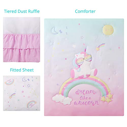 La Premura Unicorn Baby Nursery Crib Bedding Set for Girls – Baby Unicorn & Rainbows 3 Piece Standard Size Crib Bedding Sets in Pink, Yellow & Green