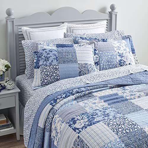 Laura Ashley - Twin Quilt Set, Reversible Cotton Bedding with Matching Sham, Farmhouse Inspired Home Decor (Paisley Printed Patchwork Blue, Twin)