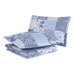 Laura Ashley - Twin Quilt Set, Reversible Cotton Bedding with Matching Sham, Farmhouse Inspired Home Decor (Paisley Printed Patchwork Blue, Twin)