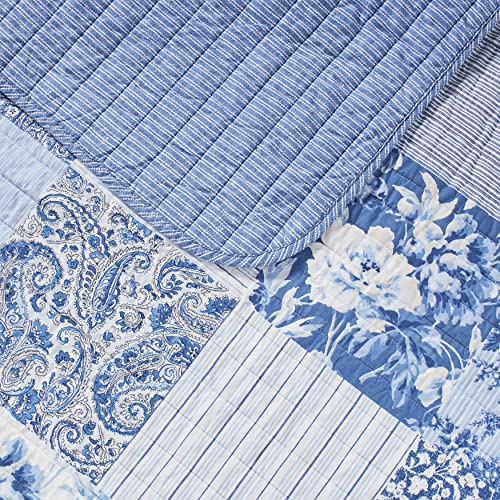 Laura Ashley - Twin Quilt Set, Reversible Cotton Bedding with Matching Sham, Farmhouse Inspired Home Decor (Paisley Printed Patchwork Blue, Twin)