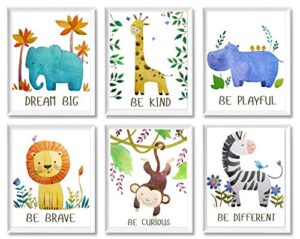 baby nursery decor - nursery wall decor for baby room - jungle safari animal unframed wall art -set of 6 posters 8x10 - lion, giraffe, elephant, monkey, zebra, hippo with inspirational quotes for boy girl toddler kids