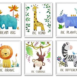 Baby Nursery Decor - Nursery Wall Decor for Baby Room - Jungle Safari Animal Unframed Wall Art -Set of 6 Posters 8x10 - Lion, Giraffe, Elephant, Monkey, Zebra, Hippo with Inspirational Quotes for Boy Girl Toddler Kids