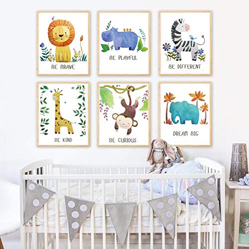 Baby Nursery Decor - Nursery Wall Decor for Baby Room - Jungle Safari Animal Unframed Wall Art -Set of 6 Posters 8x10 - Lion, Giraffe, Elephant, Monkey, Zebra, Hippo with Inspirational Quotes for Boy Girl Toddler Kids