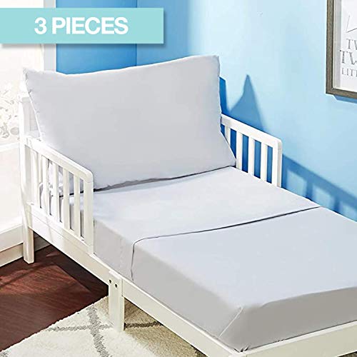 EVERYDAY KIDS 3 Piece Toddler Sheet Set - Soft Breathable Microfiber Toddler Bedding - Includes a Flat Sheet, a Fitted Sheet and a Pillowcase - Solid Grey