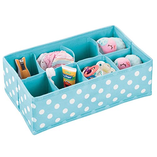 mDesign Fabric Divided 8-Section Drawer Organizer Bin, Kid/Baby Nursery Dresser, Closet, Shelf, Playroom Organization, Hold Clothes, Toys, Diapers, Bibs, Blankets, Turquoise Blue/White Polka Dot