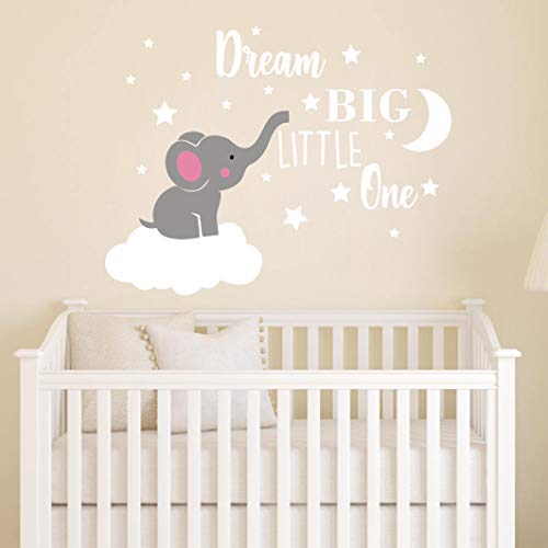 Dream Big Little One Elephant Wall Decal, Quote Wall Stickers, Baby Room Wall Decor, Vinyl Wall Decals for Children Baby Kids Boy Girl Bedroom Nursery Decor Y42 (Soft Pink, White(Girl))