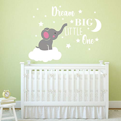 Dream Big Little One Elephant Wall Decal, Quote Wall Stickers, Baby Room Wall Decor, Vinyl Wall Decals for Children Baby Kids Boy Girl Bedroom Nursery Decor Y42 (Soft Pink, White(Girl))