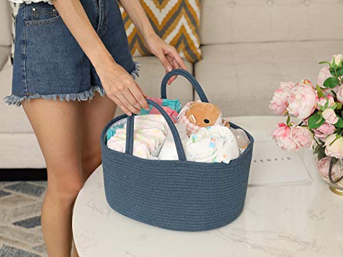 Cotton Rope Caddy with Removable Divider, Nursery Storage Organizer Blue Large