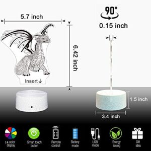 Fanmin Dragon 3D Optical Illusion Kids Lamp 3D Night Light Bedside Lamp 16 Colors with Remote Dragon Toys as a Perfect Birthday for Boys and Girls