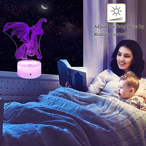 Fanmin Dragon 3D Optical Illusion Kids Lamp 3D Night Light Bedside Lamp 16 Colors with Remote Dragon Toys as a Perfect Birthday for Boys and Girls