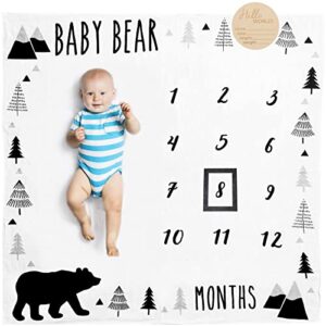 pondering pine organic baby monthly milestone blanket boy - baby bear blanket months with frame and newborn announcement disc - baby boy age blanket for 1-12 month milestones, 47”x47”